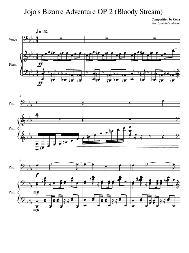 JoJo's Bizarre Adventure OP 2 Sheet Music | PDF