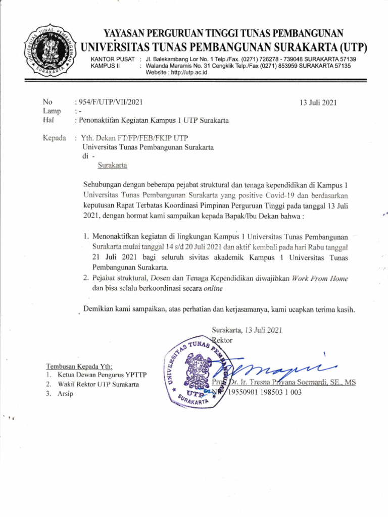 Penonaktifan Kegiatan Kampus UTP | PDF