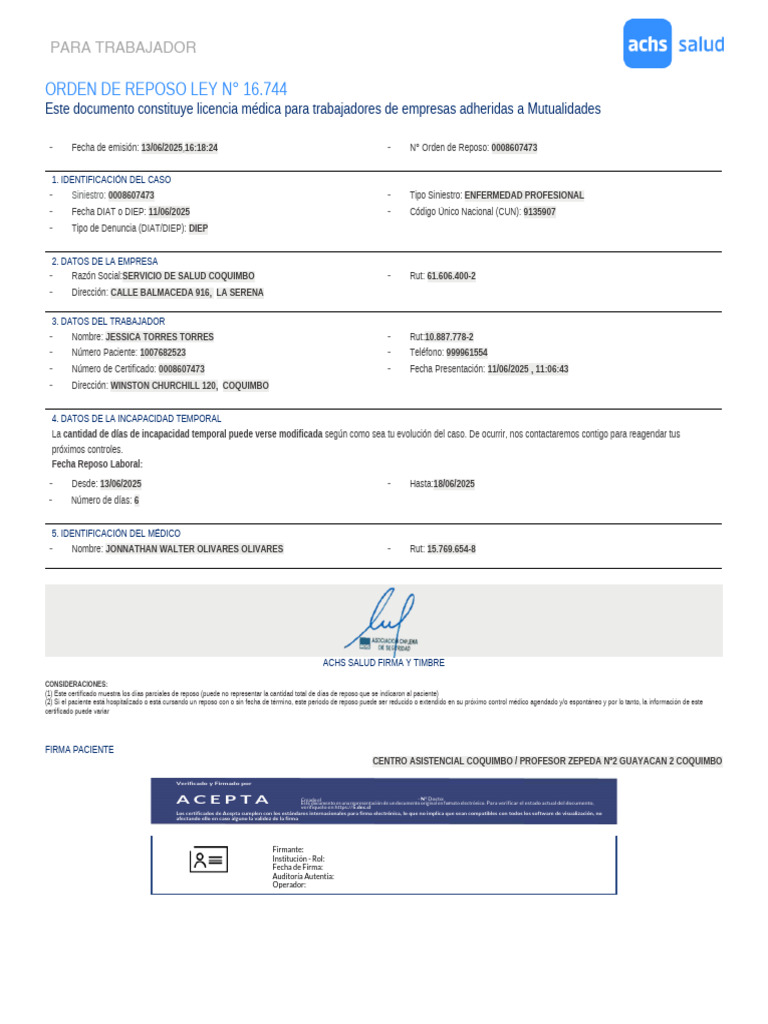 Orden de Reposo Ley NÂ° 16.744 | PDF