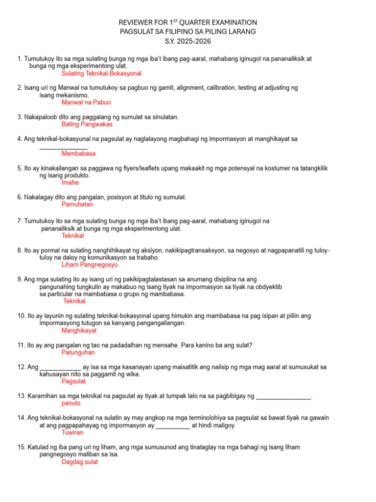 Reviewer For Pagsulat Sa Filipino Sa Piling Larang | PDF