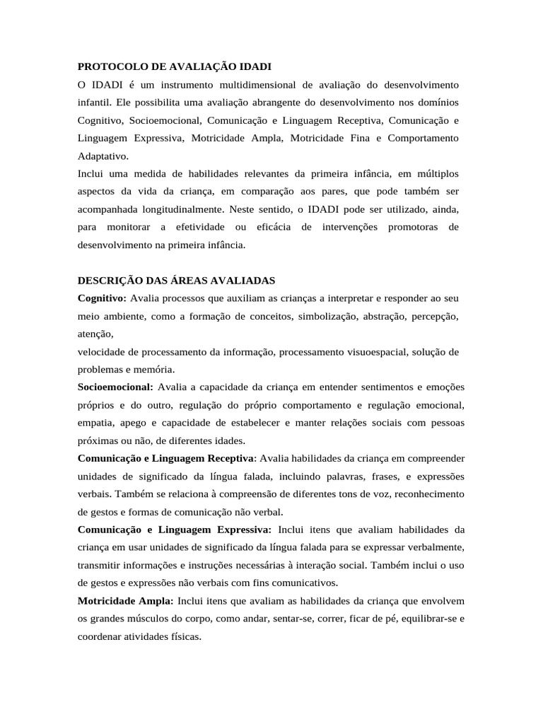 Avaliação do Desenvolvimento Infantil IDADI | PDF | Comunicação ...