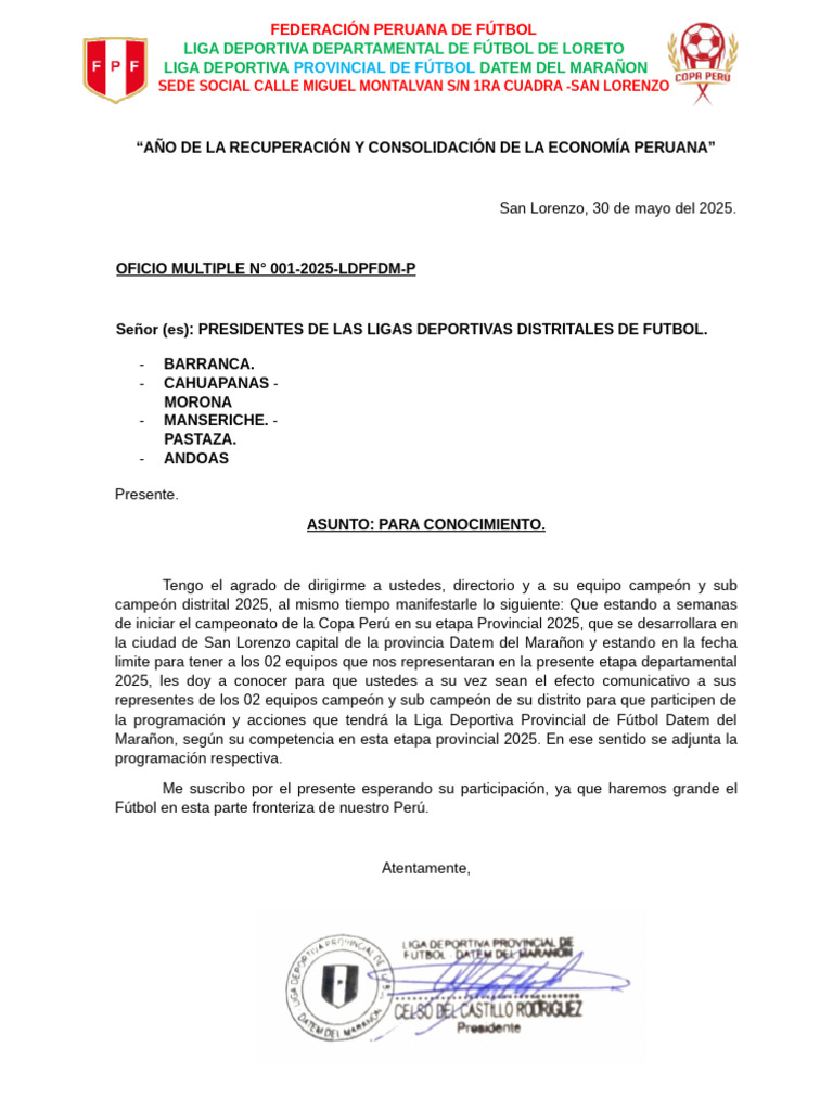 Oficio Multiple #001-2025-LDPFDM-P | PDF