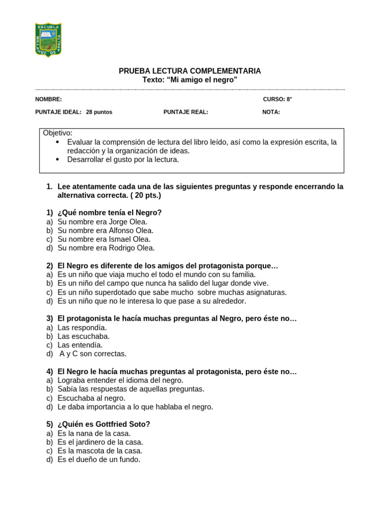 Evaluación de Comprensión: "Mi amigo el Negro" | PDF