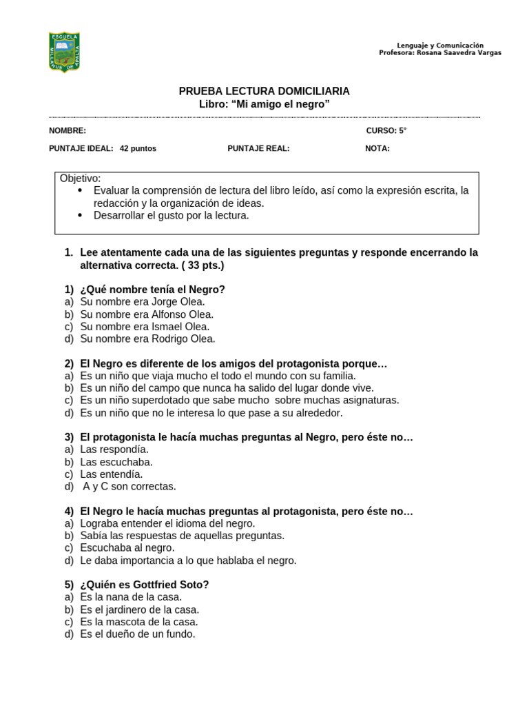 Prueba de comprensión: "Mi amigo el negro" | PDF