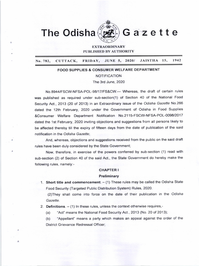 Odisha Gazette Odisha State Food Security Rules 2020 | PDF