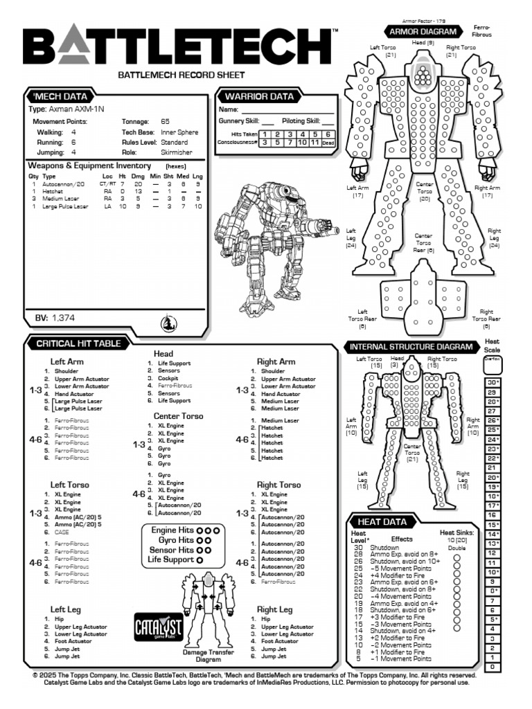 Axman Mech Record Sheet Overview | PDF | Battle Tech