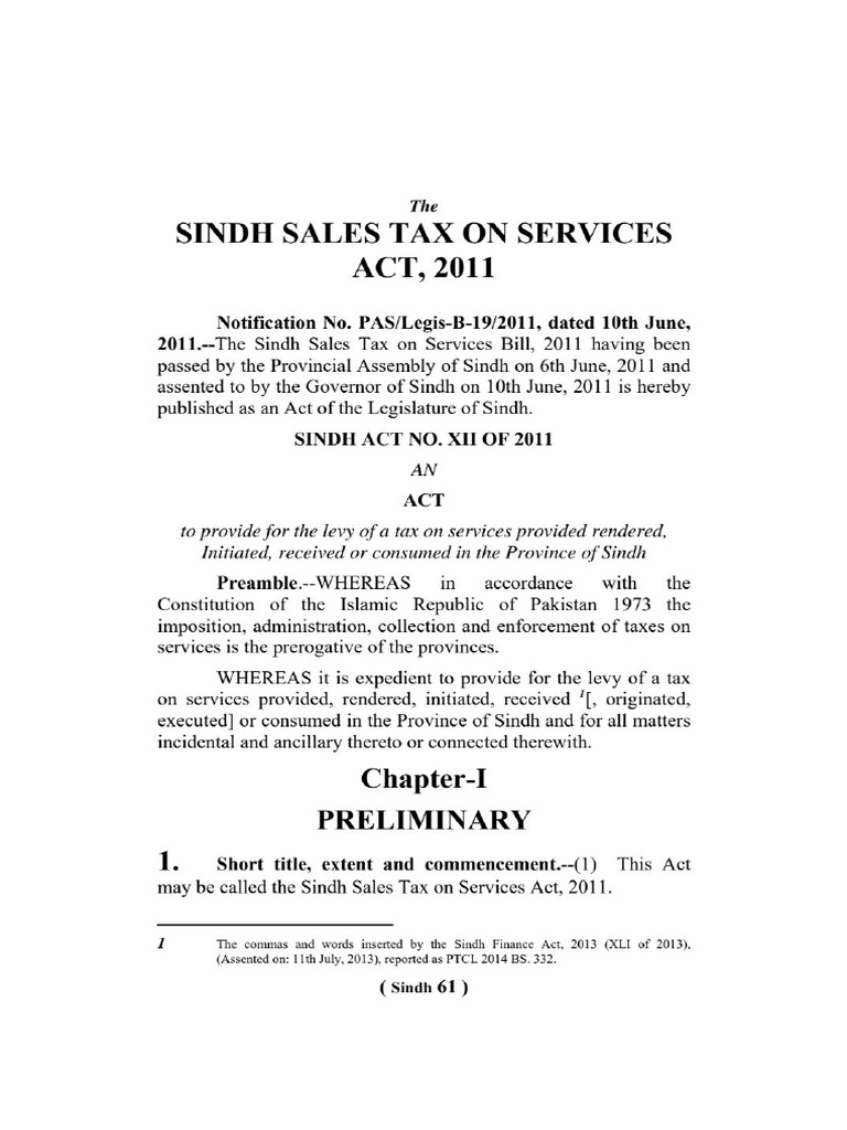 Sindh Sales Tax On Services Act 2011 Updated Upto 1st July 2024 EOE 6 | PDF