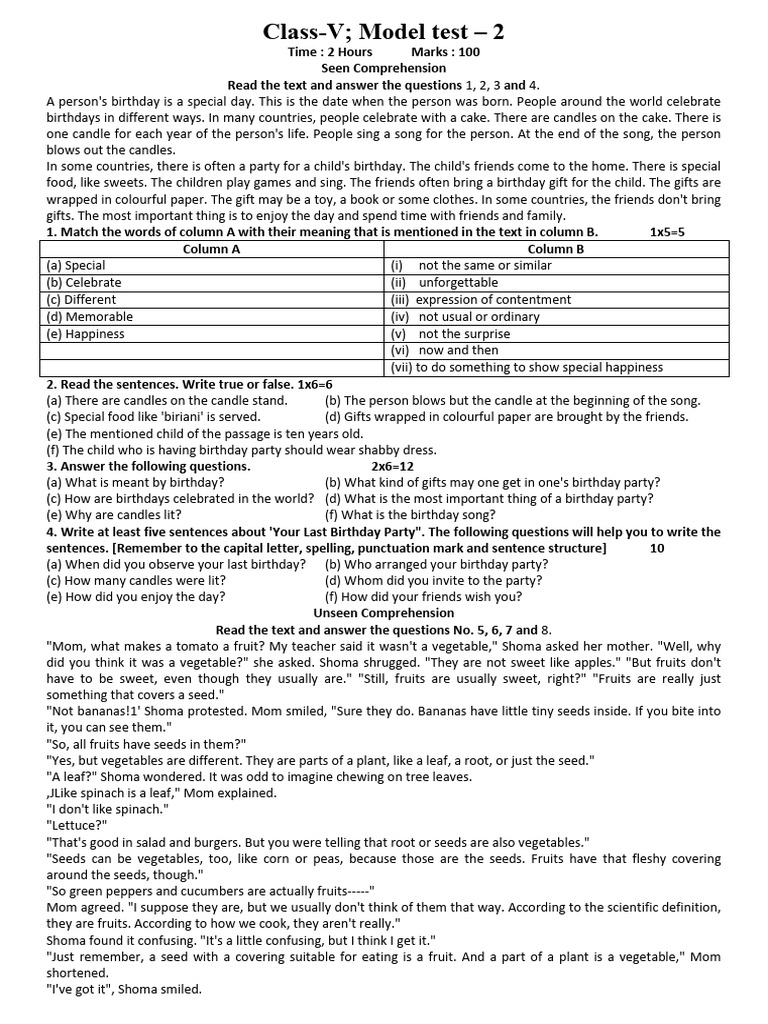 EFT Model Test (II) 2nd Term - 2025 | PDF | Fruit | Birthdays