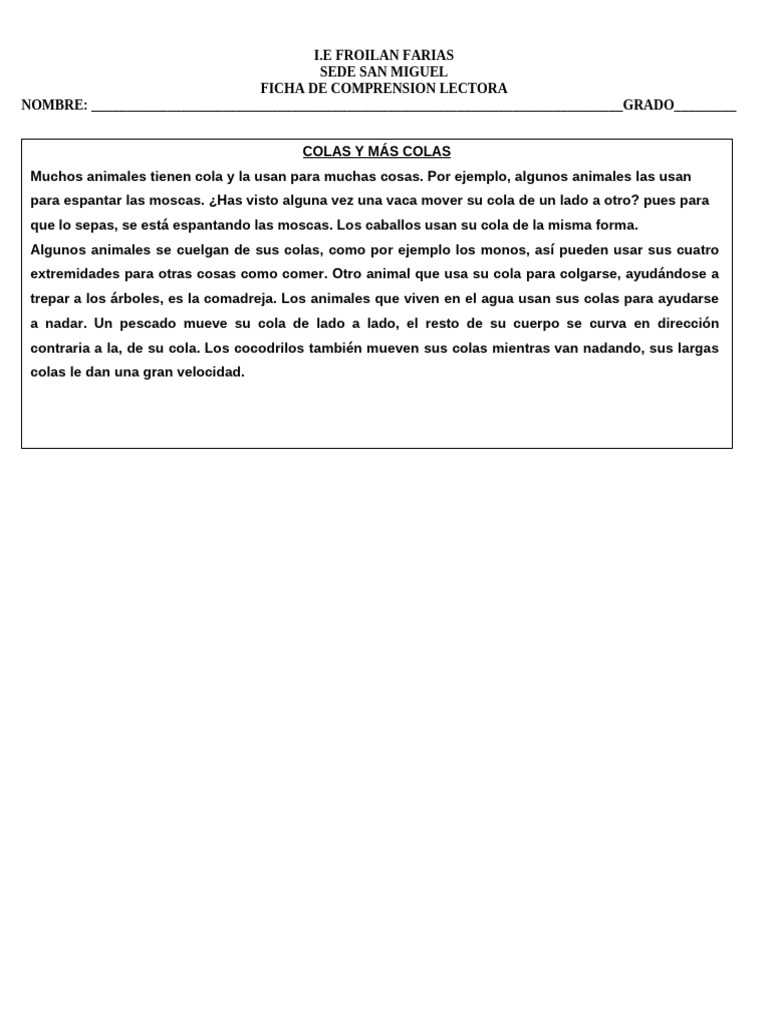 Taller de Fluidez y Comprensión Lectora - Lectura Colas y Mas Colas. | PDF