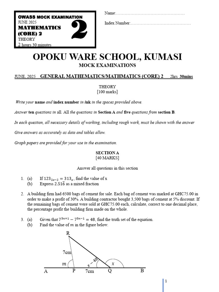 Wassce 2025 Core Maths Theory Mock | PDF | Mathematics | Angle