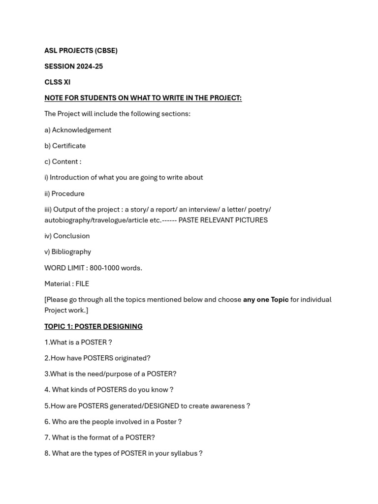 ASL Project Guidelines for Class XI | PDF | Poetry | Writing