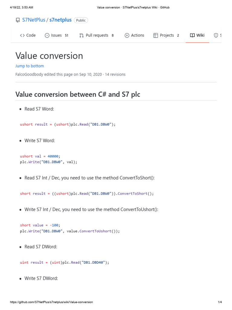 Value Conversion S7NetPlus - S7netplus Wiki GitHub | PDF | Integer ...