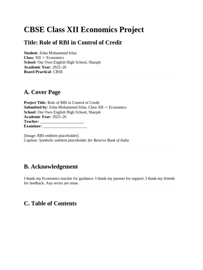 CBSE Class XII Economics Project - Role of RBI in Control of Credit ...