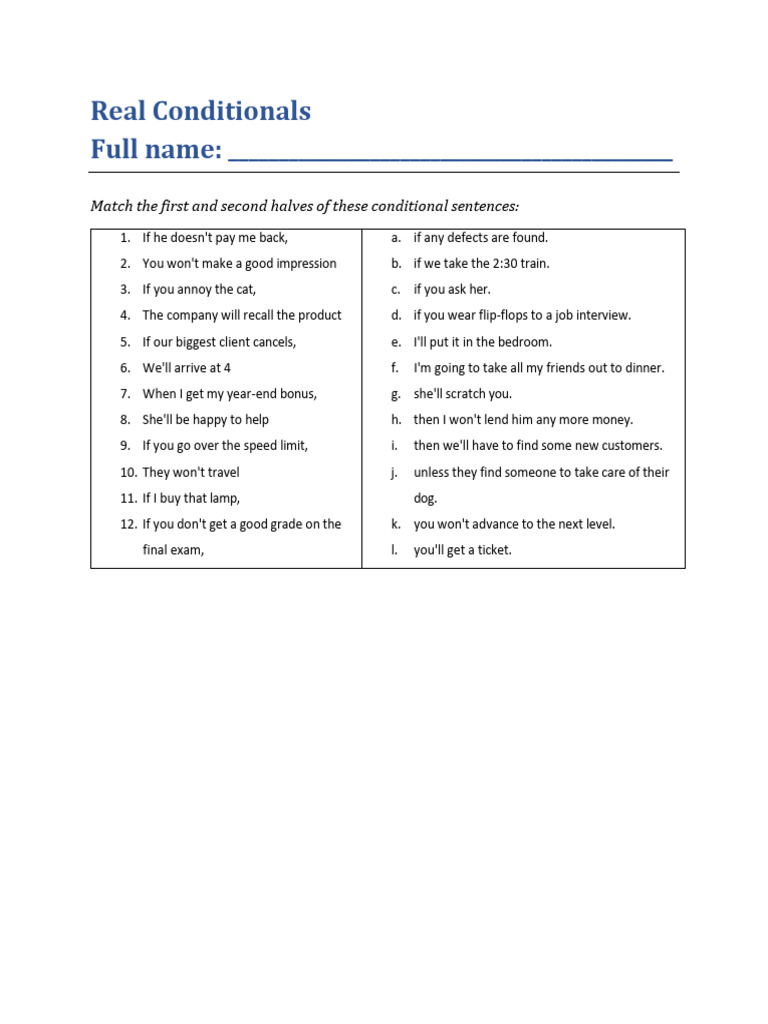 Real Conditionals Worksheet - Aug 02 2025 | PDF