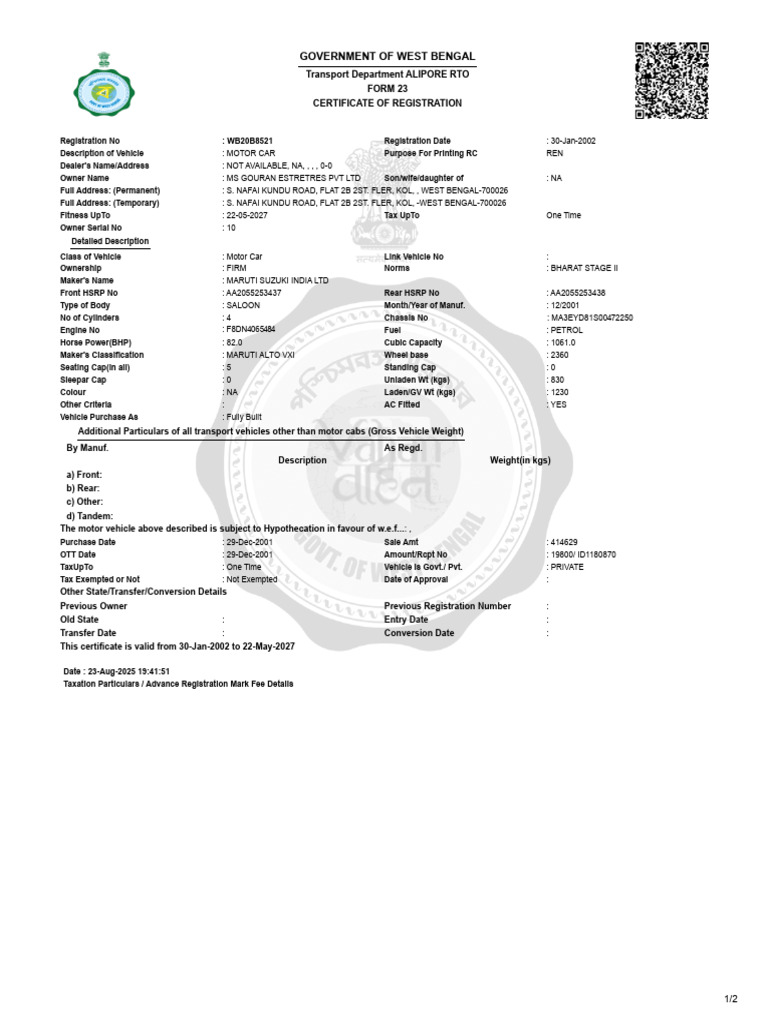 Form 23: Vehicle Registration Details | PDF | Motor Vehicle | Vehicles