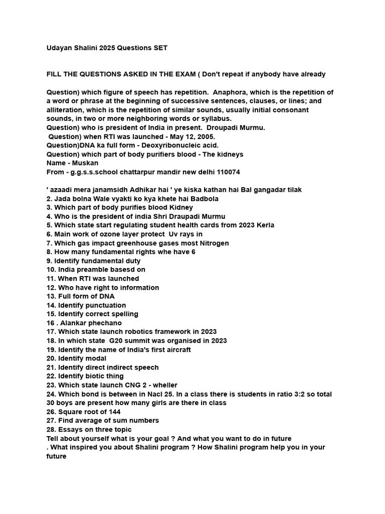 Udayan Shalini 2025 Questions SET | PDF