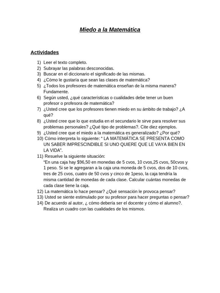 Actividades para Superar el Miedo a la Matemática | PDF