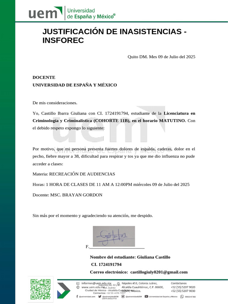 Oficio para Justificar Inasistencias - Uem | PDF