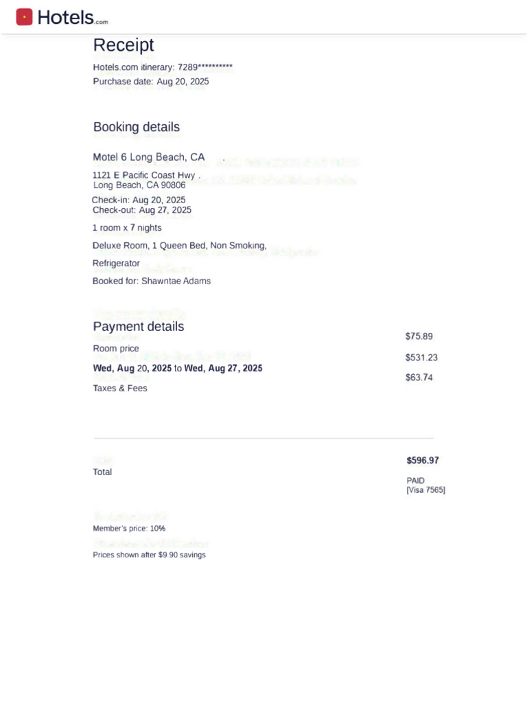 Motel 6 Receipt for Shawntae Adams | PDF