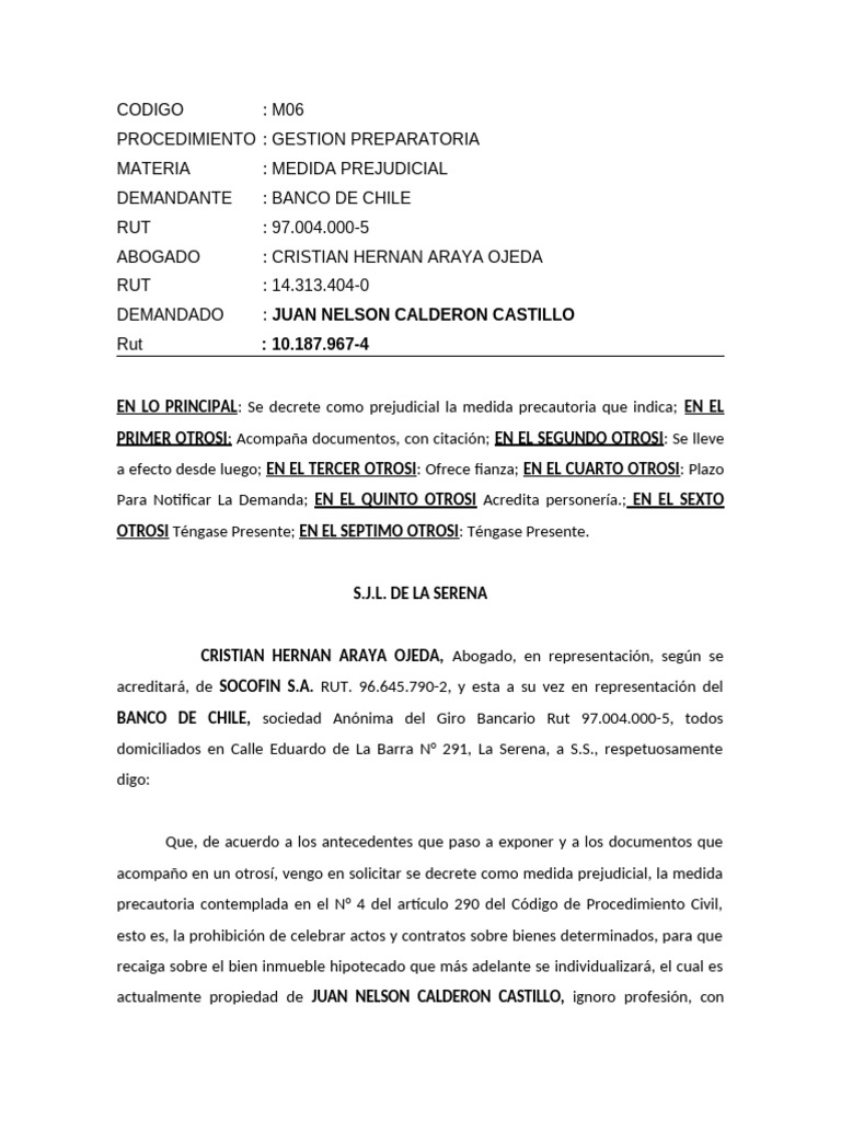 Medida Prejudicial Banco de Chile | PDF | Hipotecas | Bienes raíces