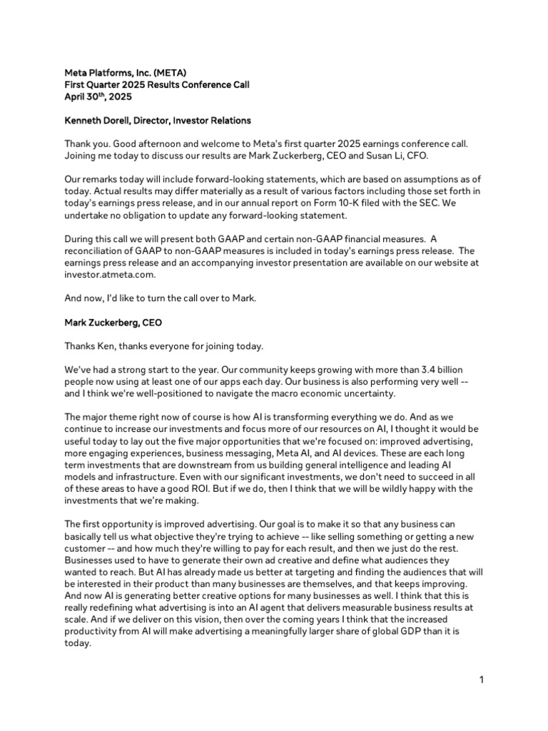 META Q1 2025 Earnings Call Transcript 1 | PDF | Artificial Intelligence ...