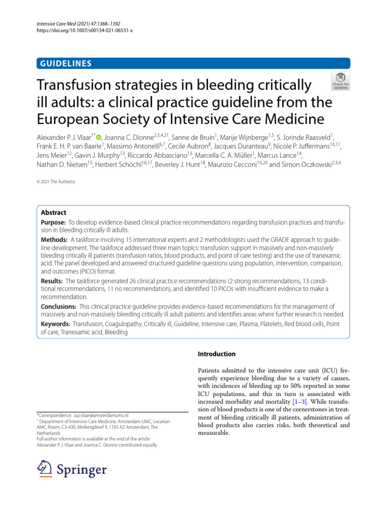 Transfusion Strategies in Bleeding Critically Ill Adults - A Clinical ...