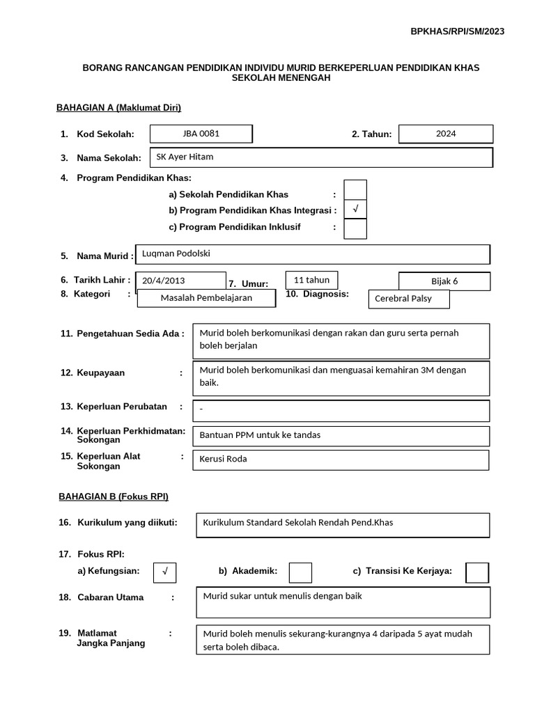 Borang Rpi (Contoh) | PDF