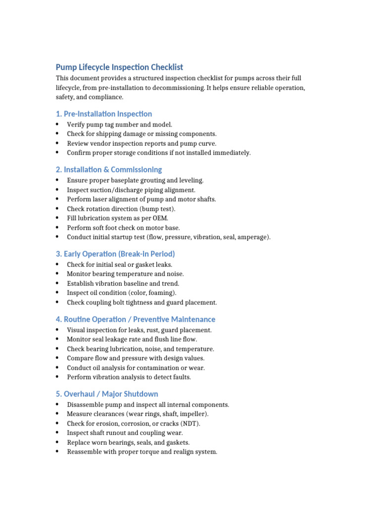 Comprehensive Pump Inspection Checklist | PDF