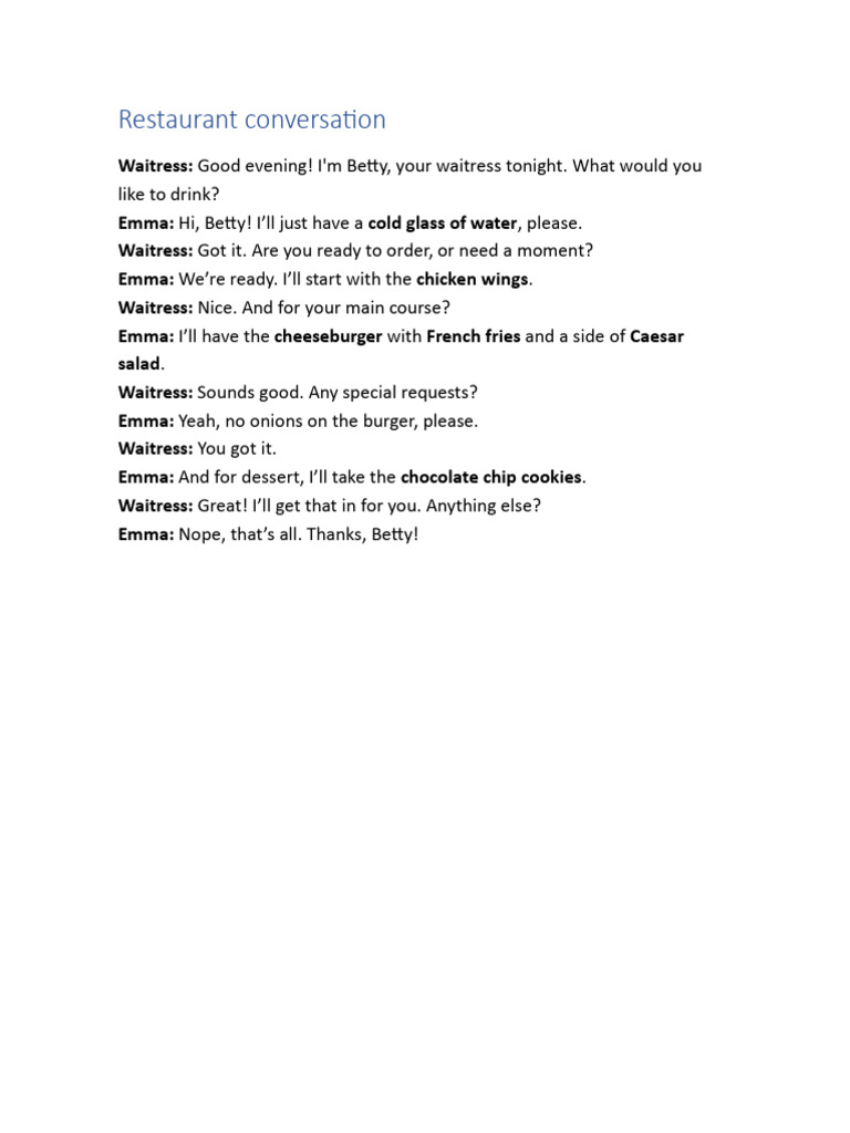Restaurant Order Conversation Example | PDF