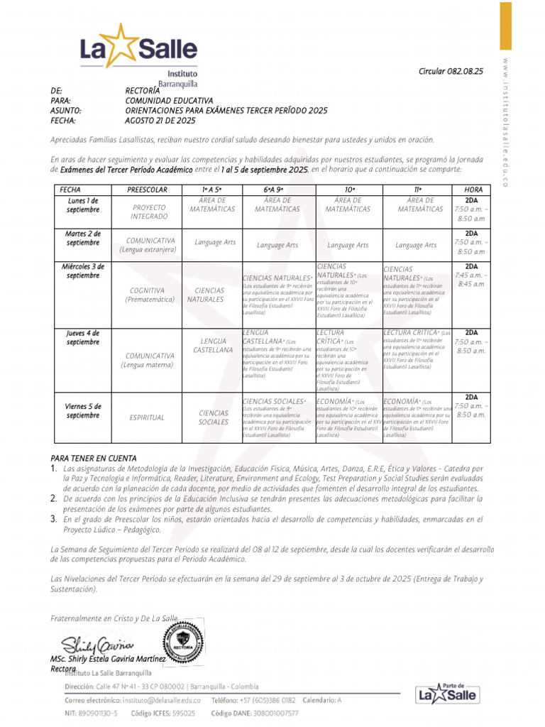 Circular 082.08.25 Examenes Tercer Periodo | PDF | Inteligencia | Aprendizaje