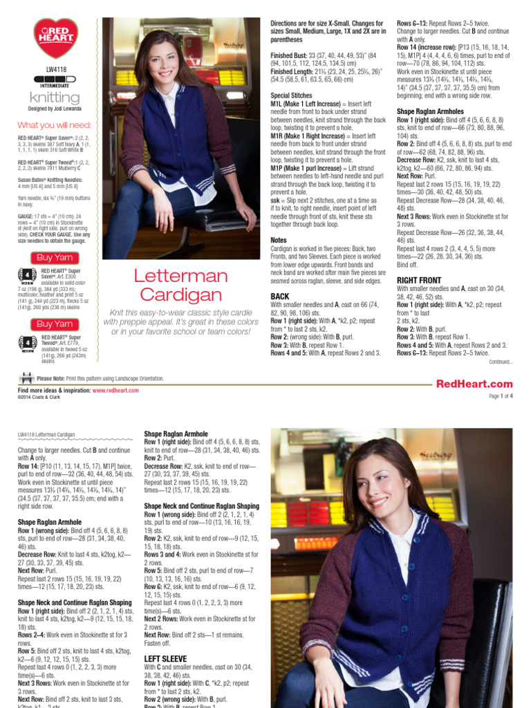 Red Heart - Letterman Cardigan in Super Saver (Downloadable PDF | PDF ...