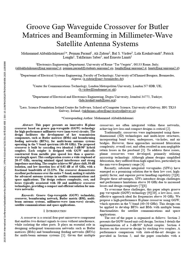 Groove Gap Waveguide Crossover For Butler Matrices and Beamforming in ...