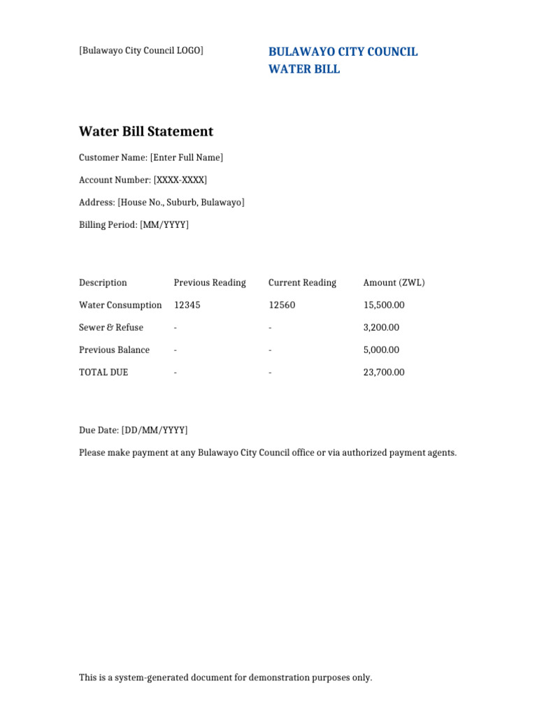 Bulawayo Water Bill Template | PDF
