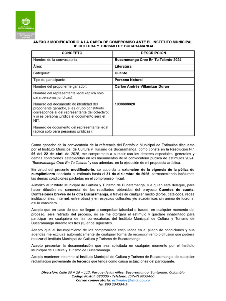Otro Sí - Acuerdo de Prorroga de Seguro Entre IMCT y Carlos Andrés Villamizar Duran | PDF