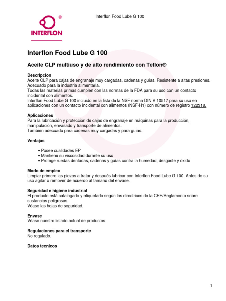 Interflon Food Lube G 100 | PDF | Alimentos | Lubricante