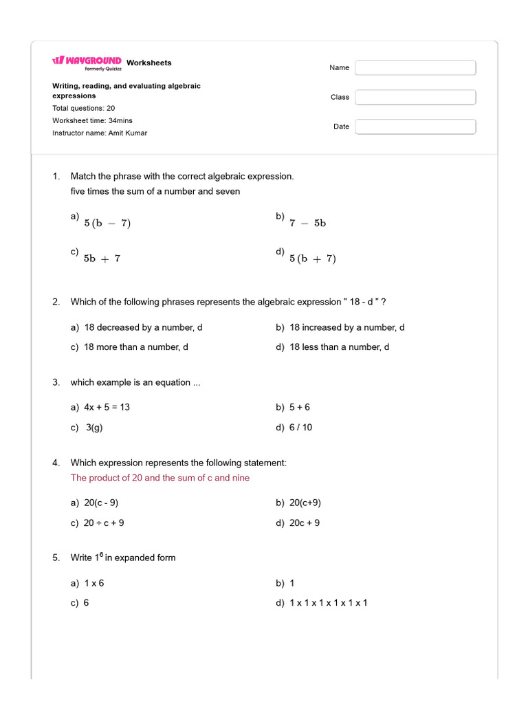 2 - Writing, Reading, and Evaluating Algebraic Expressions - Wayground ...