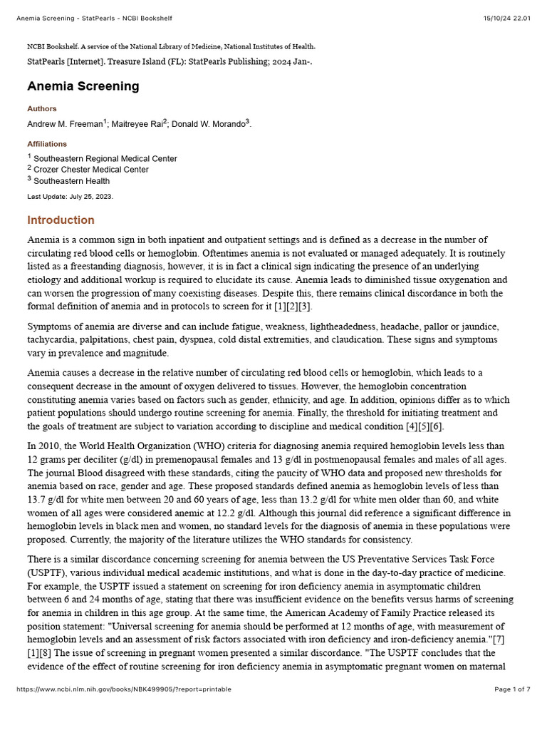Anemia Screening - StatPearls - NCBI Bookshelf | PDF | Anemia | Hematology