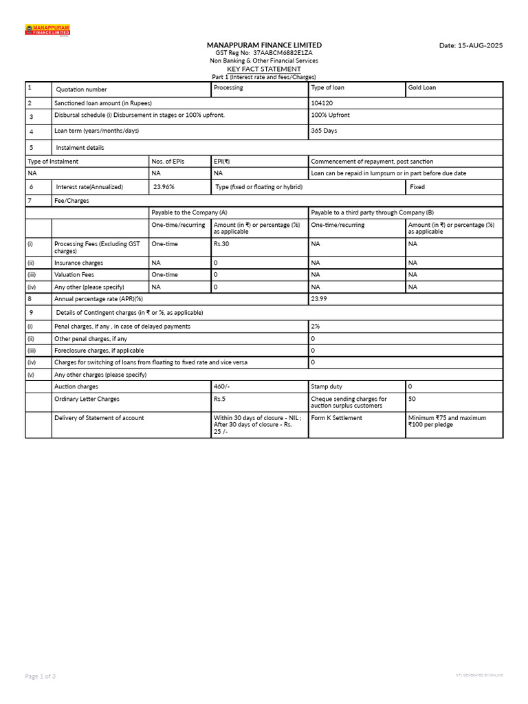 KFS PDF 15082025011712 | PDF | Loans | Annual Percentage Rate