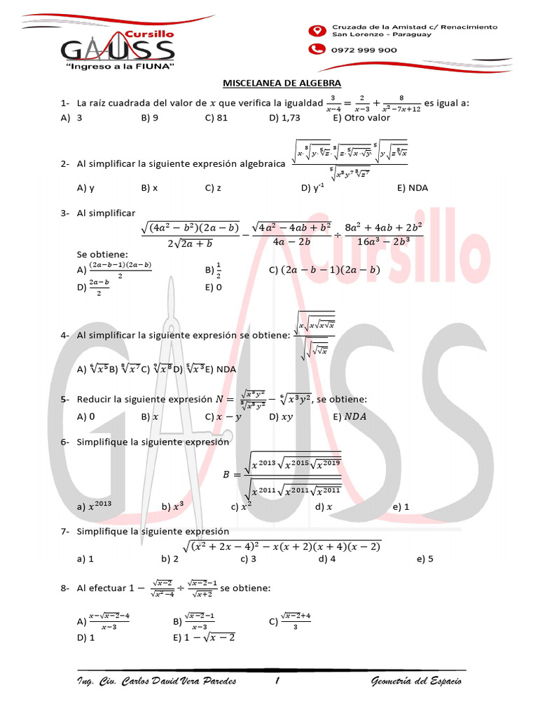 5 - Miscelanea Pre Examen Algebra. FIUNA 3,4,5,6 | PDF | Aritmética | Matemáticas discretas