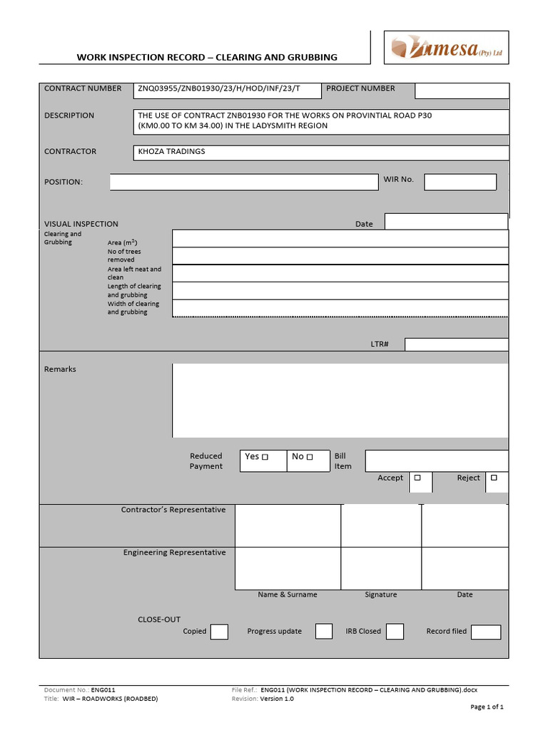 Work Inspection Record Template | PDF