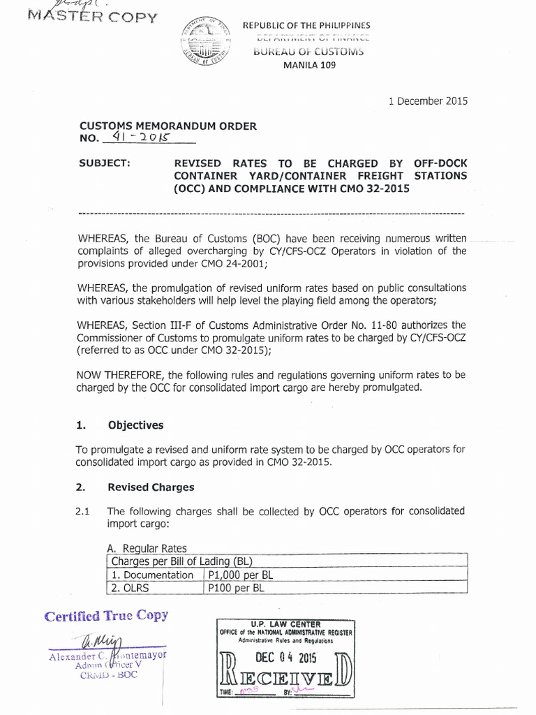 Revised OCC Charges per CMO 41-2015 | PDF | Dangerous Goods | Cargo
