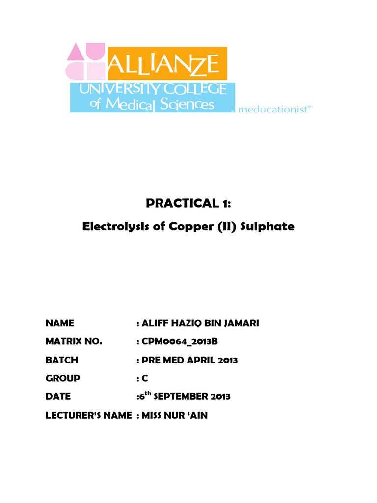 LR 1 Electrolysis of Copper Sulphate | PDF | Anode | Electrode