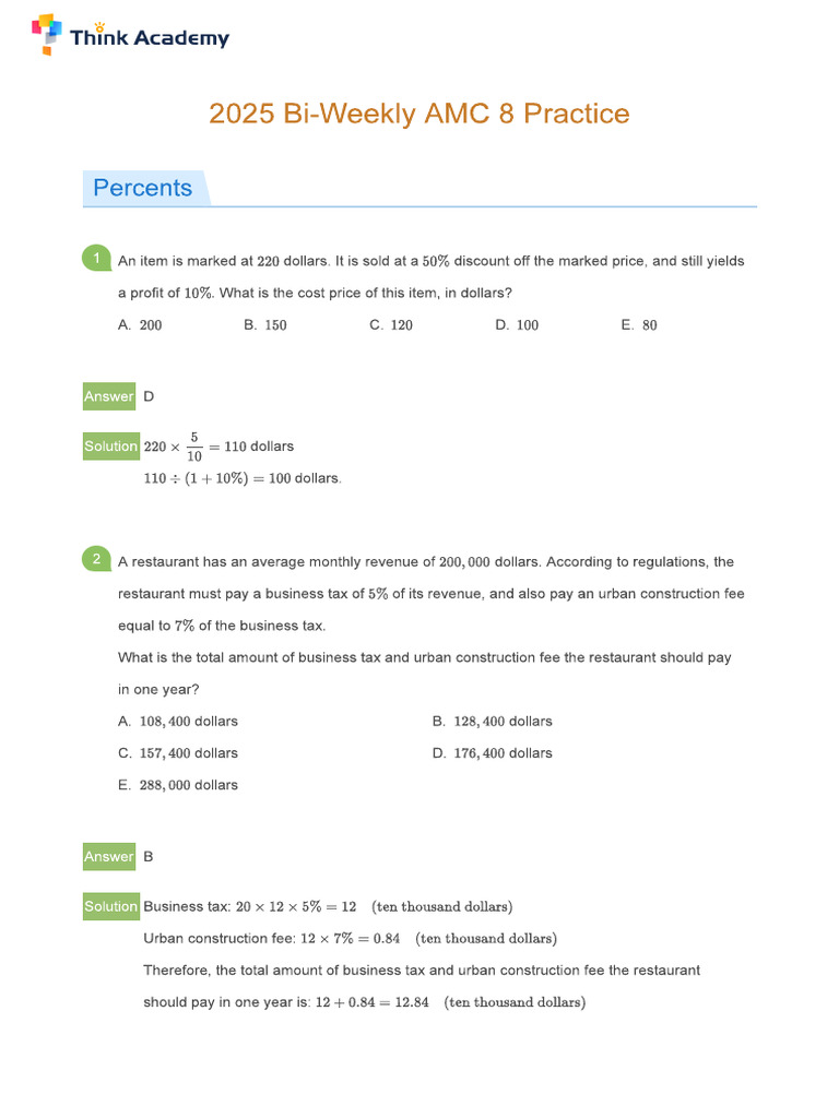 2025 Weeks 1-2 AMC 8 Practice Solution | PDF