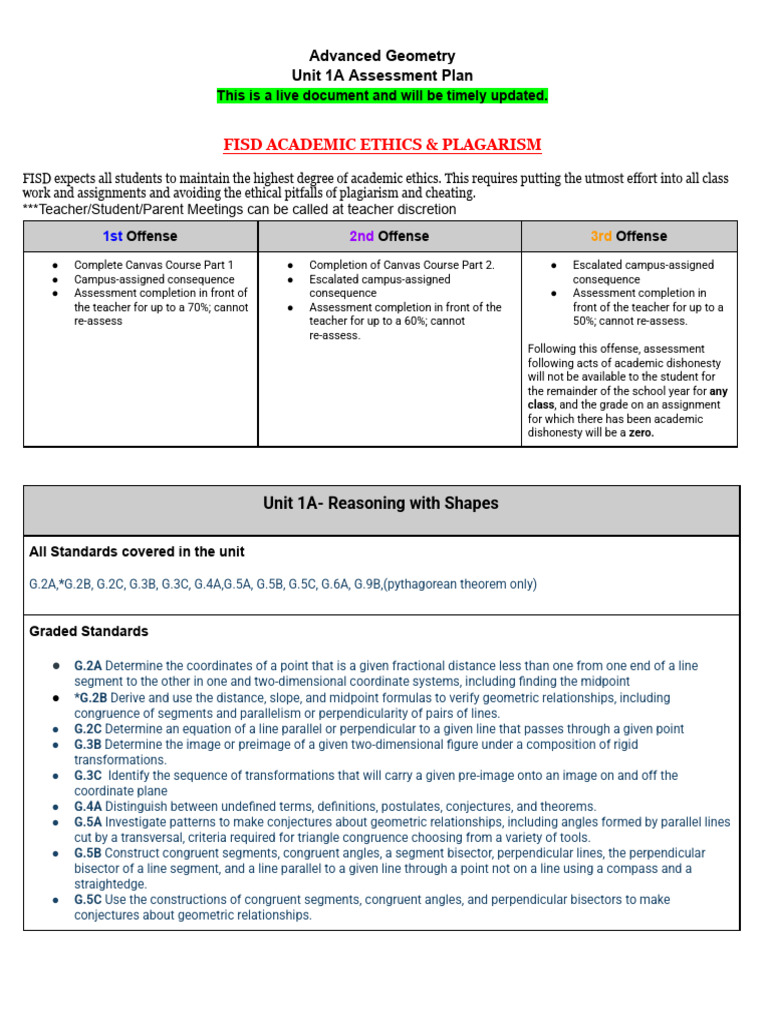 25-26 Geometry Assessment Plan Unit 1A | PDF | Perpendicular | Line ...