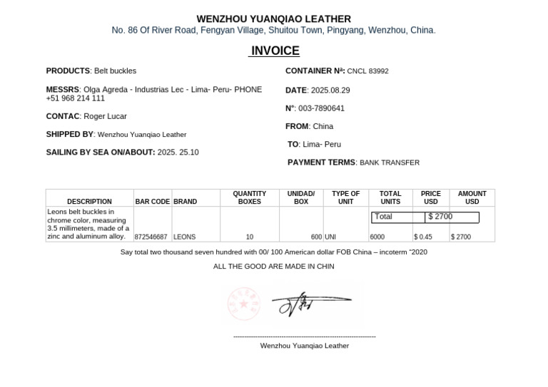 Wenzhou Yuanqiao Leather Invoice for Belt Buckles | PDF