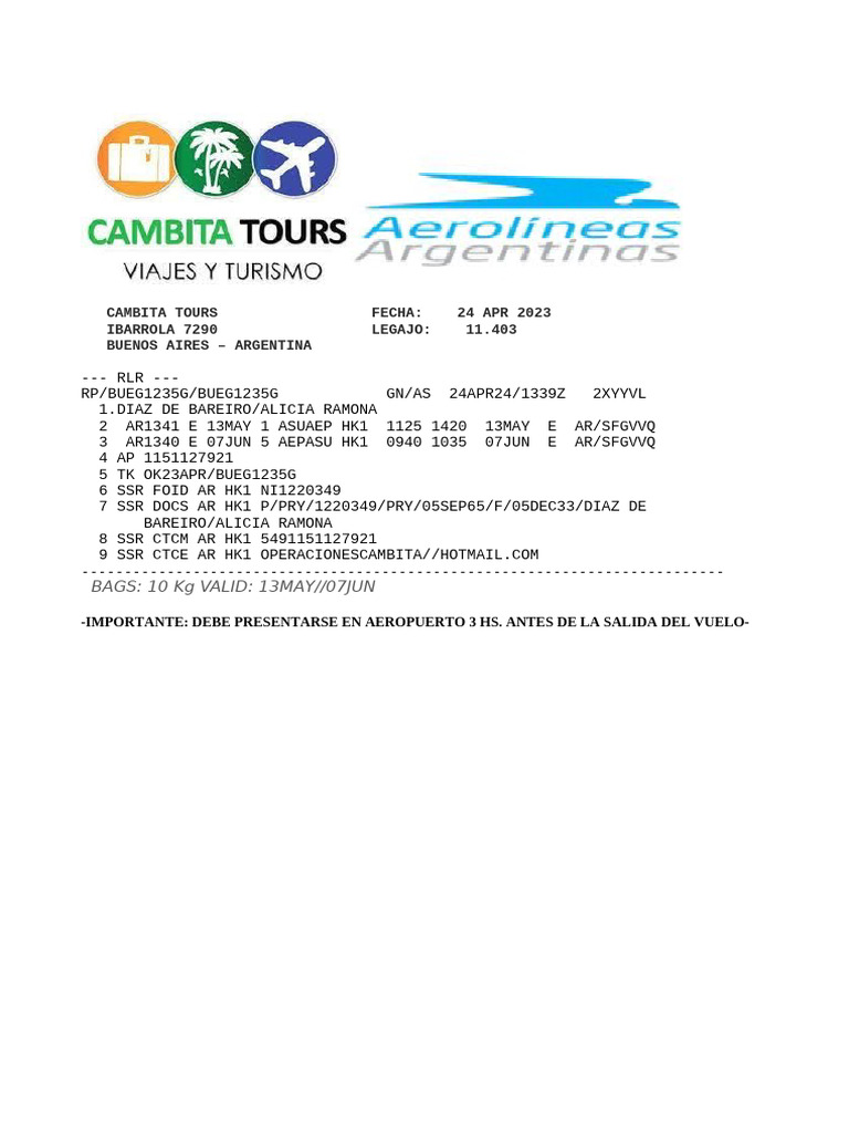 Itinerario de Vuelo Cambita Tours | PDF