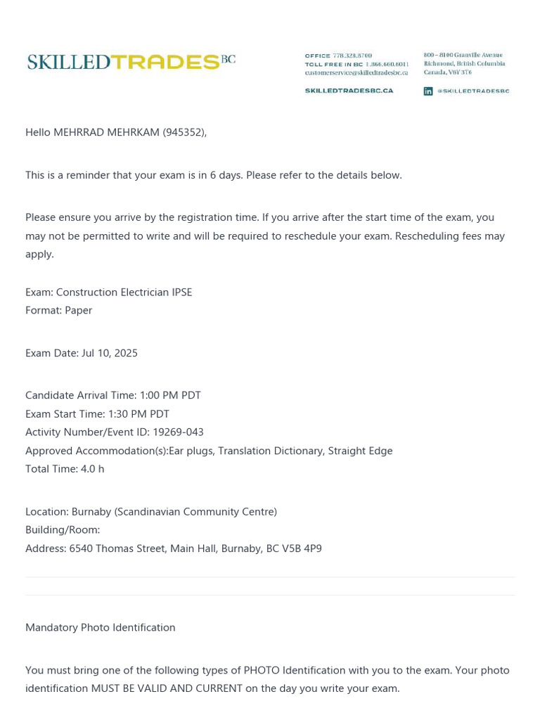 Construction Electrician Exam Reminder | PDF