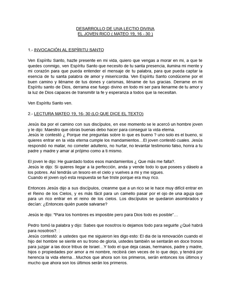 Lectio Divina: El Joven Rico en Mateo 19 | PDF | Jesús | Vida eterna ...