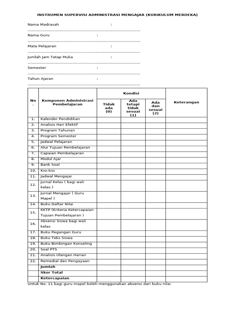 Instrumen Supervisi Administrasi Mengajar Kurikulum Merdeka 2025 | PDF