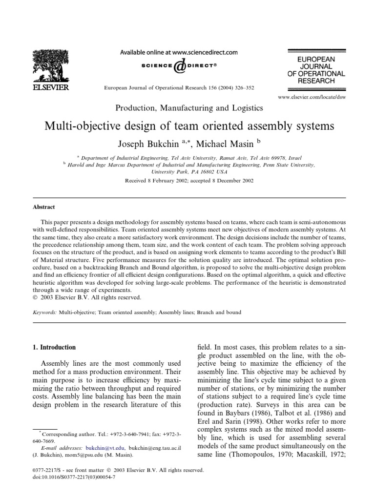 Multi-Objective Design of Team Oriented Assembly Systems: Joseph ...